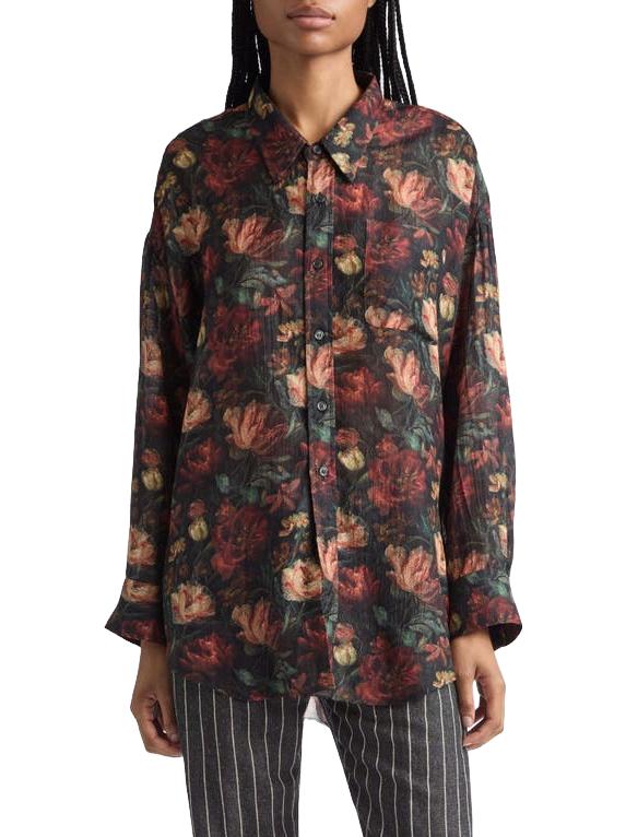R13 oversize drop neck floral wool & silk blend button-up shirt